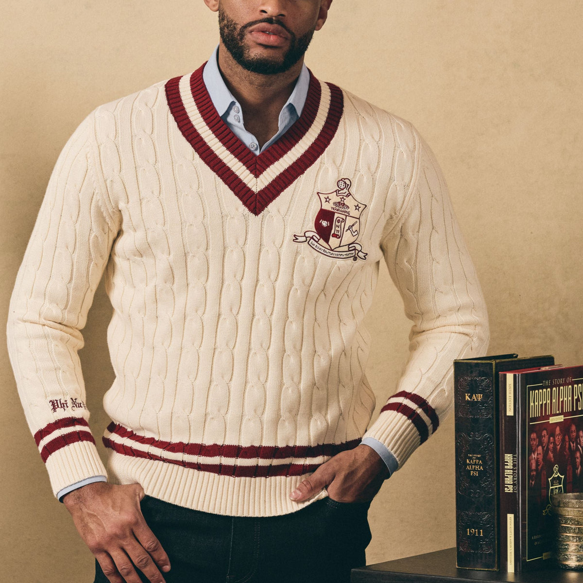 Kappa Alpha Psi V-neck Cable-Knit Sweater (Cream) – Nupemall